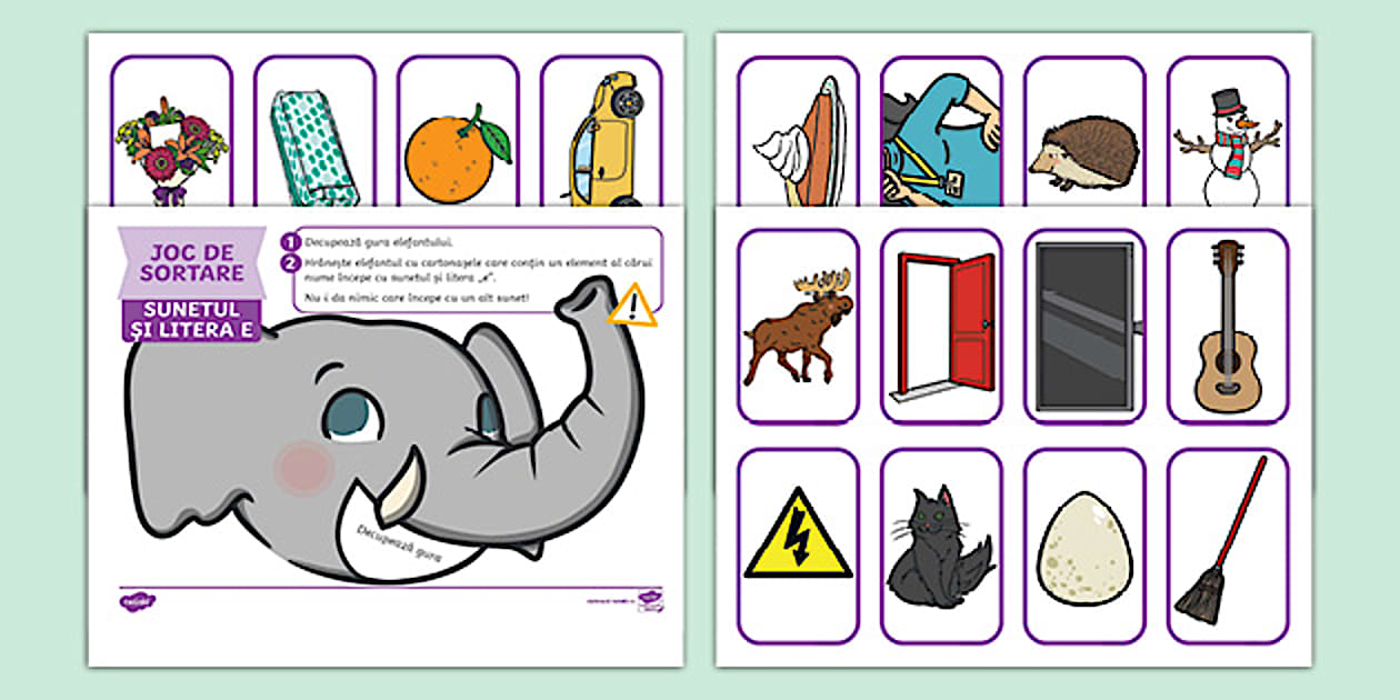 Sunetul și litera E: Hrănește elefantul – Joc sunet inițial