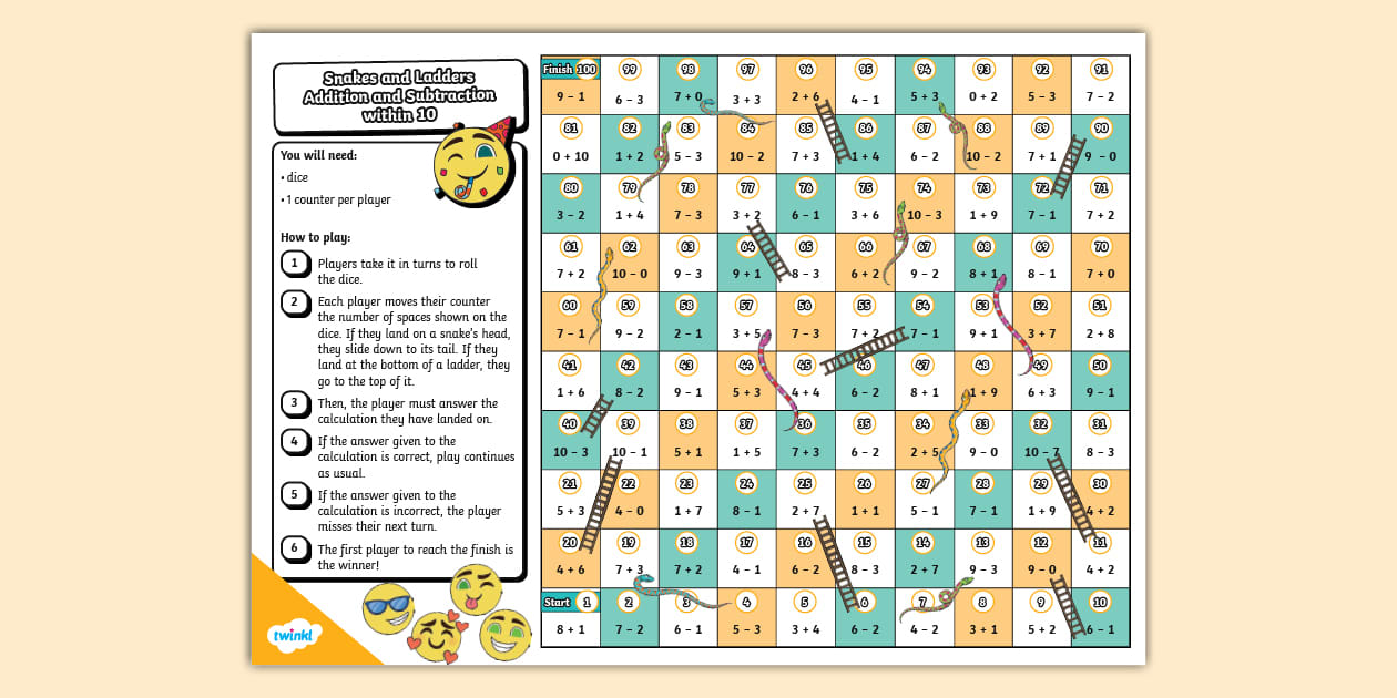 👉 Snakes and Ladders Addition and Subtraction within 10 Game