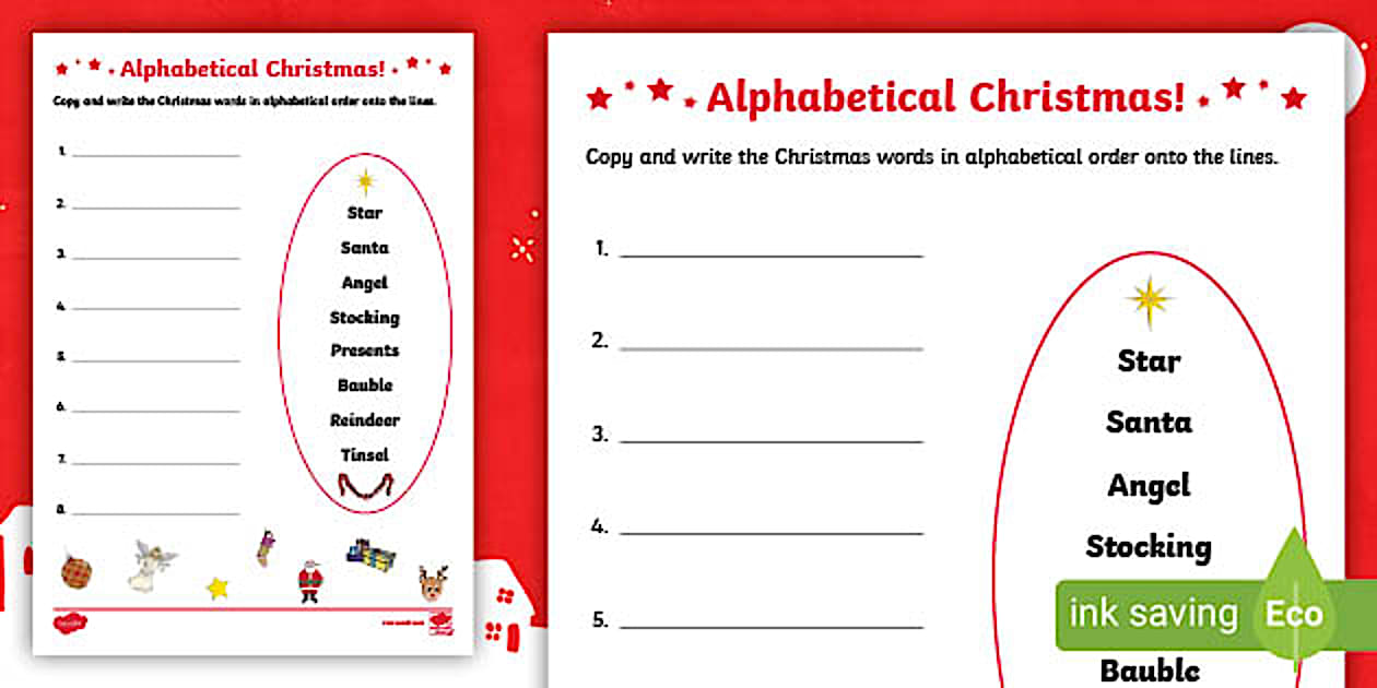 Christmas Words in Alphabetical Order Worksheet - Twinkl