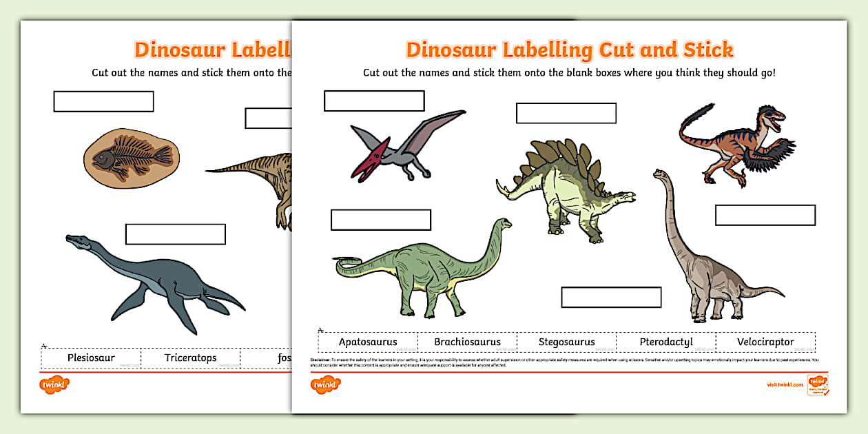 Dinosaur Scene Labelling Cut and Stick Worksheet - dinosaurs