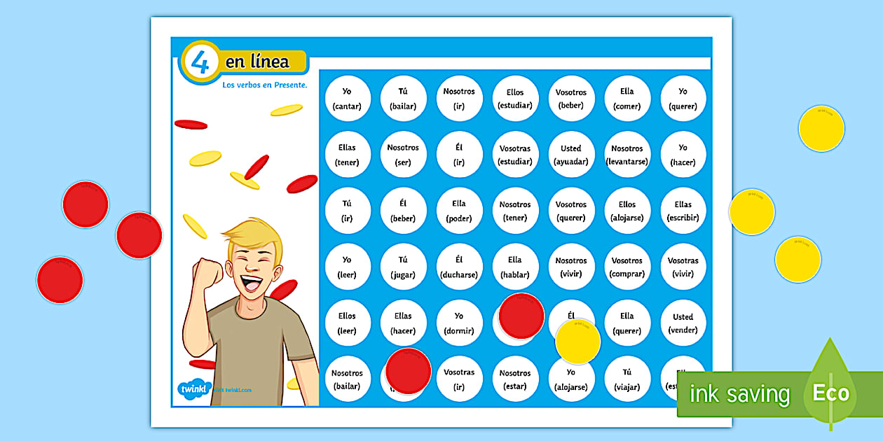 Editable Four in a Row Present Tense Self Checking Board Game Spanish