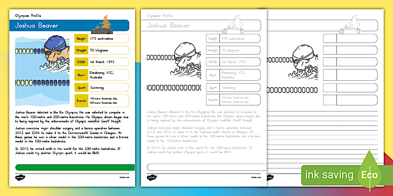 VIC Australian Rio Olympian Joshua Beaver Handwriting Practice Worksheets