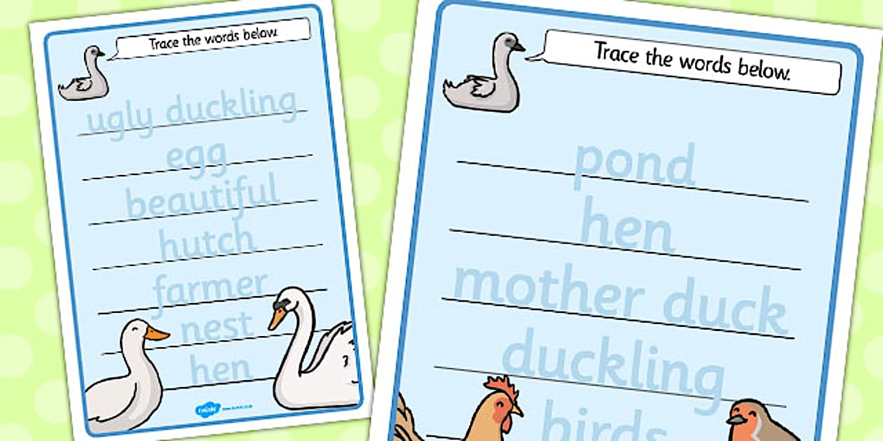 Black and White Ugly Duckling Trace the Words Worksheets