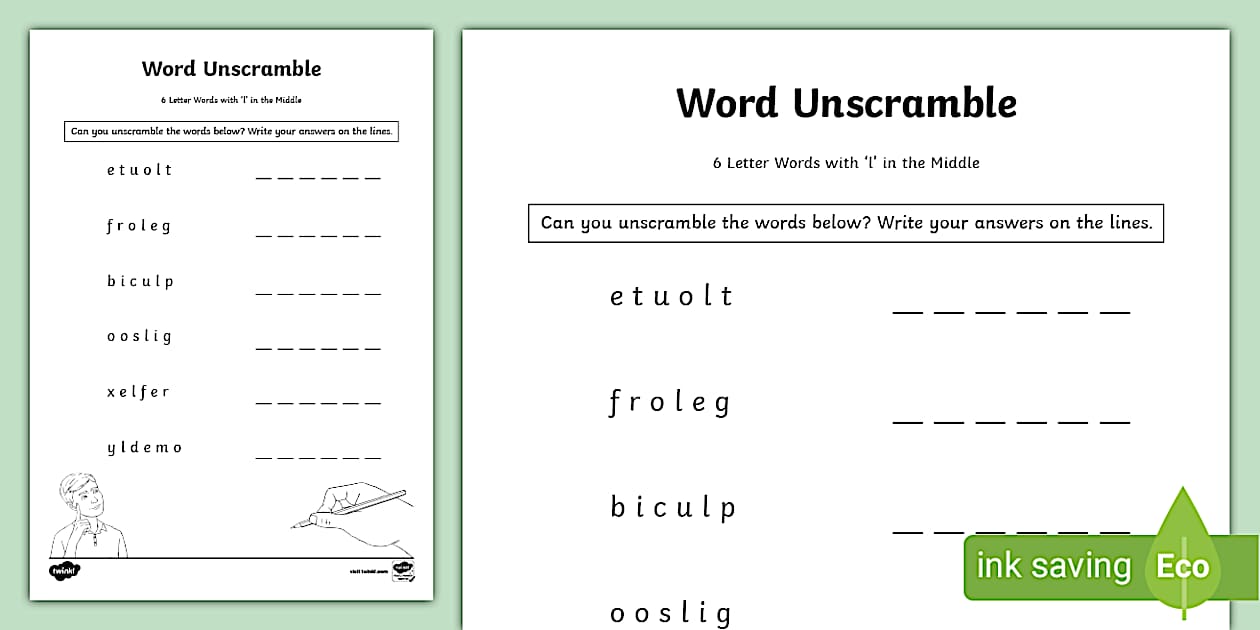 Unscramble the 6 Letter Words with 'l' in the Middle Worksheet