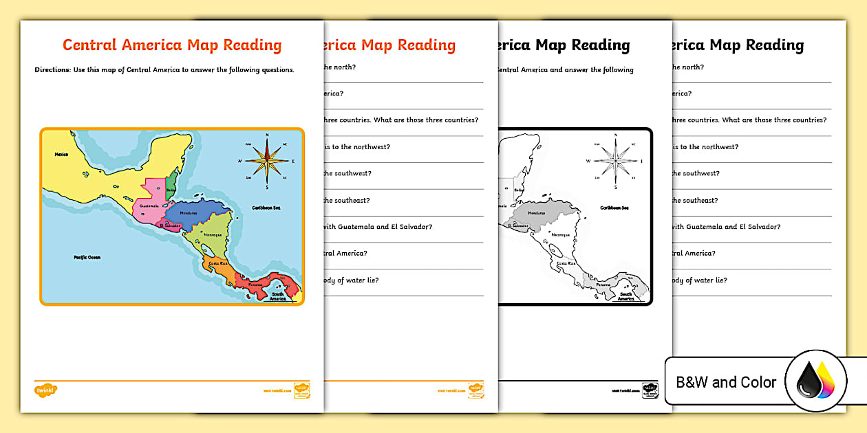Fifth Grade Central America Map Reading Worksheet - Twinkl