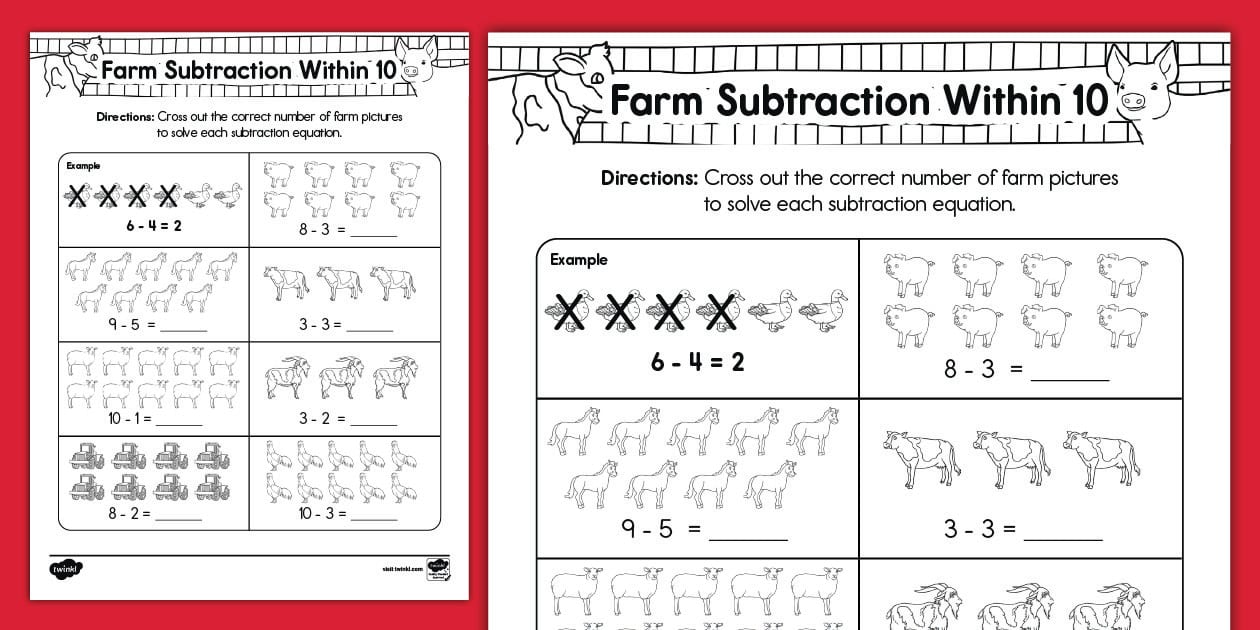 Farm Subtraction Within 10 Worksheet (teacher made) - Twinkl
