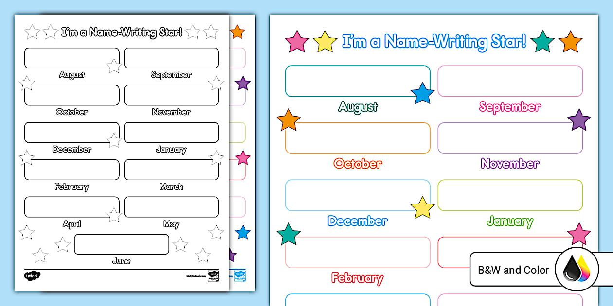 I'm a Name Writing Star! Monthly Name Writing Activity Sheet