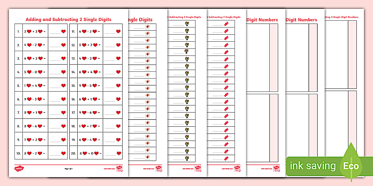 Valentine's Day Adding and Subtracting Single Digits