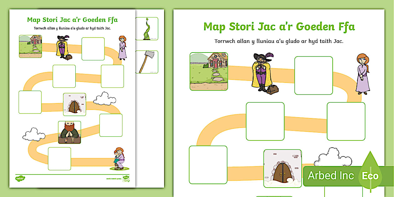 Gweithgaredd Torri a Gludo Map Stori Jac a'r Goeden Ffa