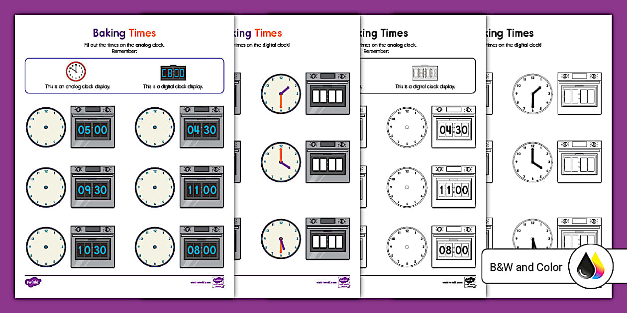 First Grade Analog and Digital Clock Worksheet - Twinkl
