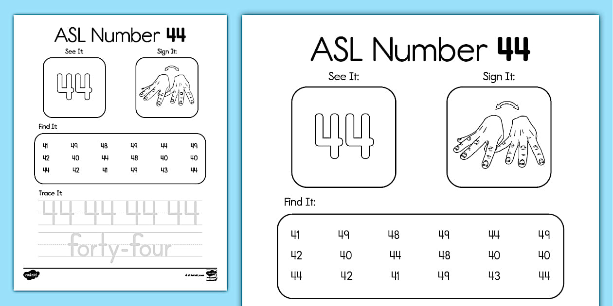 ASL Number 44 Worksheet (professor feito) - Twinkl