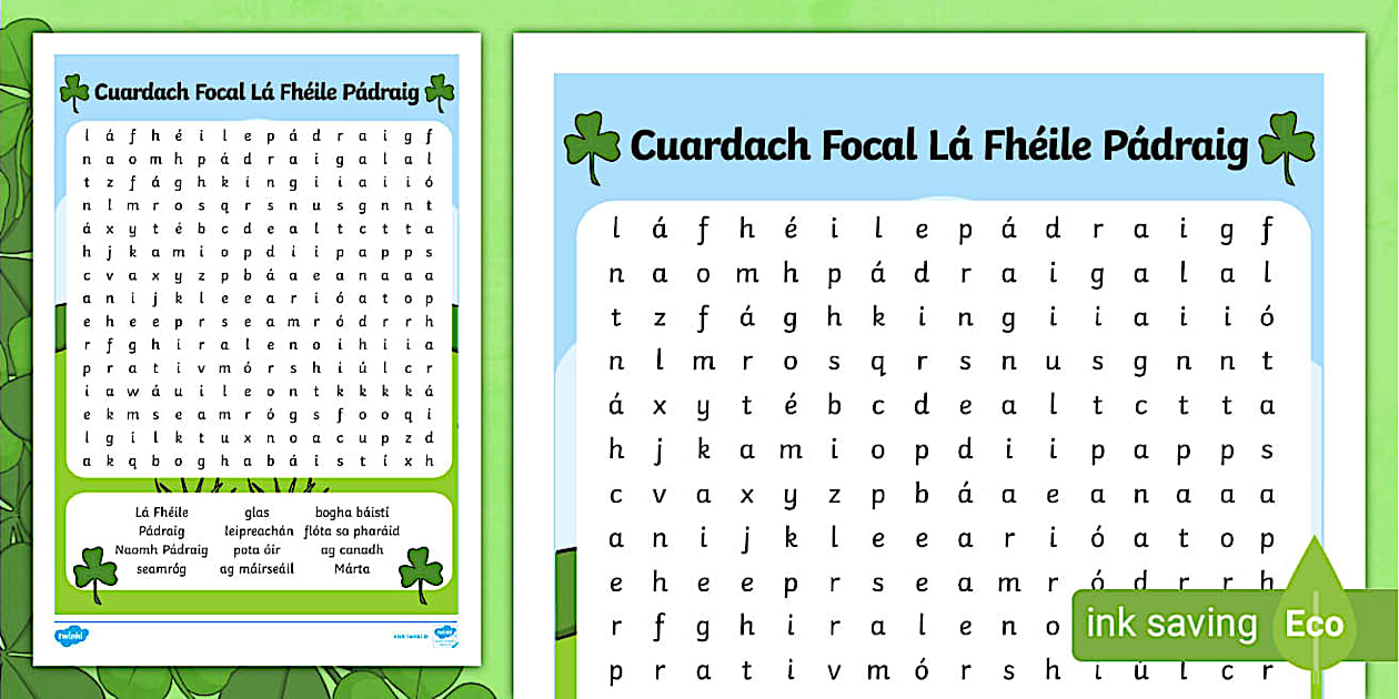 Black and White Saint Patrick's Day Word Search Gaeilge