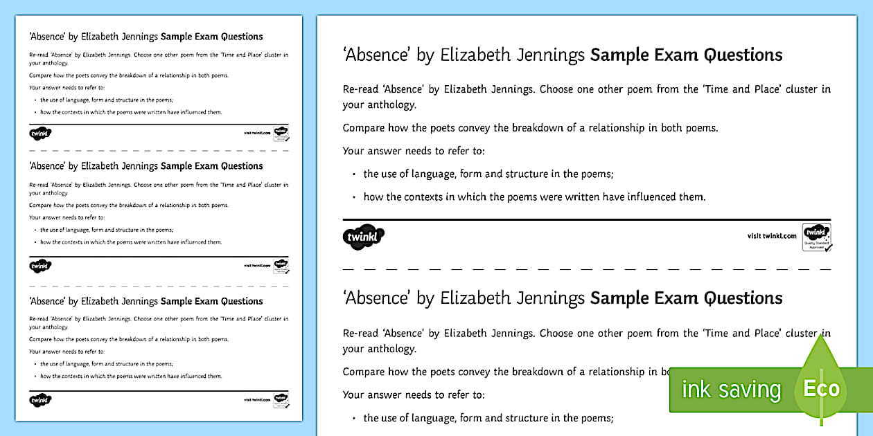 GCSE Poetry Absence Sample Exam Questions - Twinkl