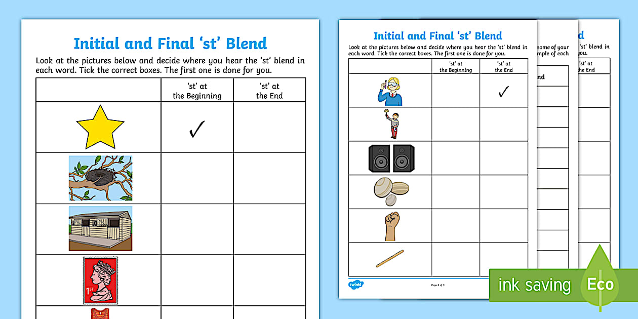 Initial and Final ‘st’ phonics worksheet- easy to print off.