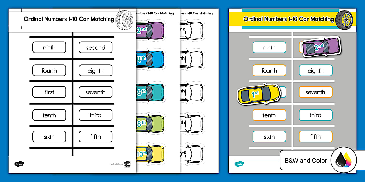 Ordinal Numbers 1-10 Car Matching Worksheet - Twinkl