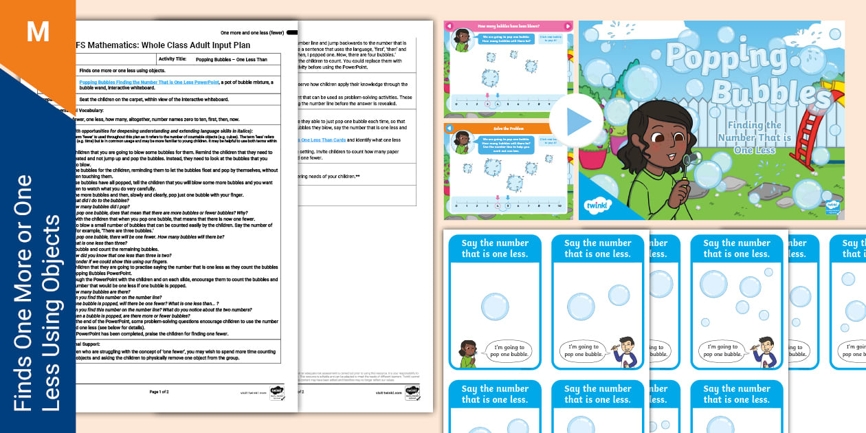 EYFS Maths: Popping Bubbles One Less Plan and Resource Pack
