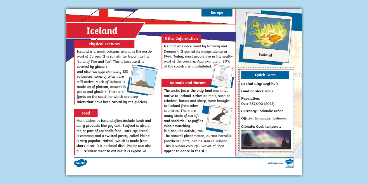 KS1 Iceland Fact File - Geography - Europe - Scandinavia