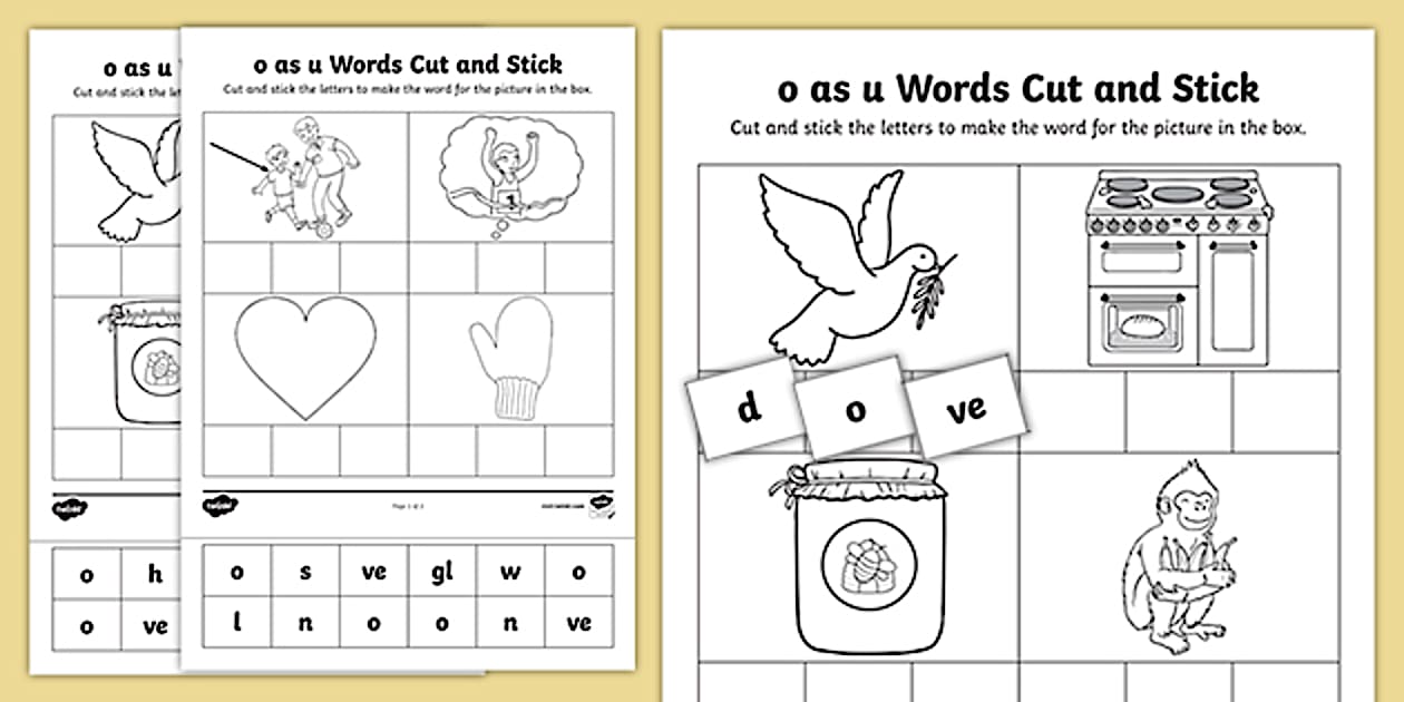 'o' as 'u' Sound Cut and Stick Worksheet (teacher made)