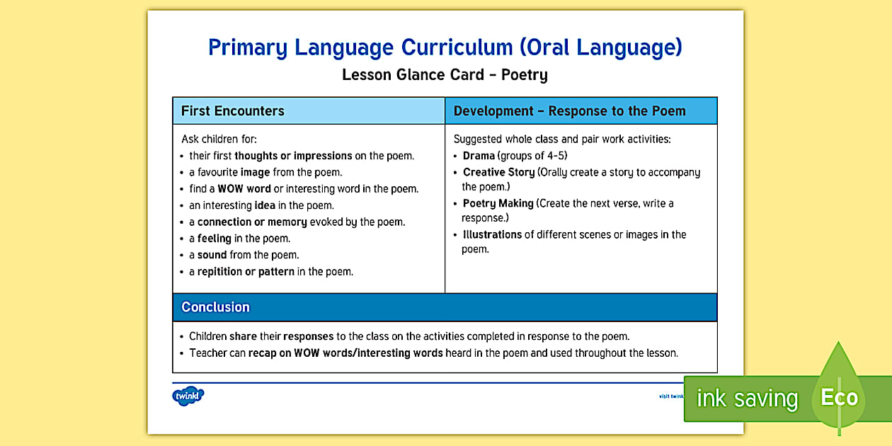 Primary Language Curriculum Oral Language Poetry Lesson Ideas