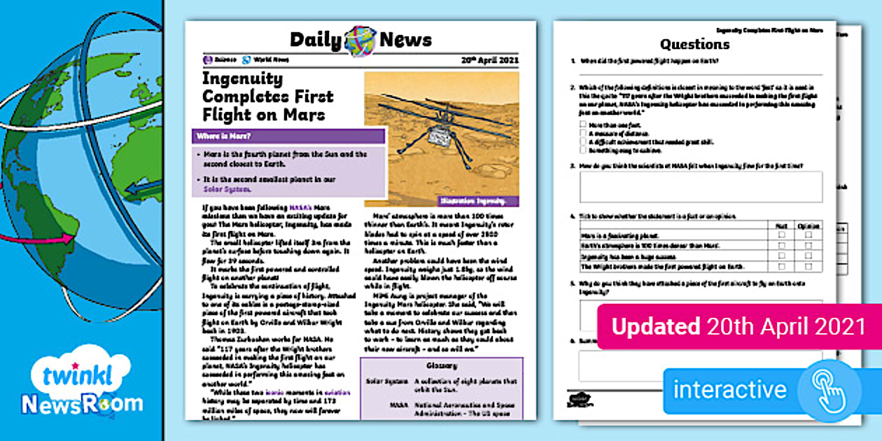 News Story for Children 9-11: Ingenuity Takes Flight