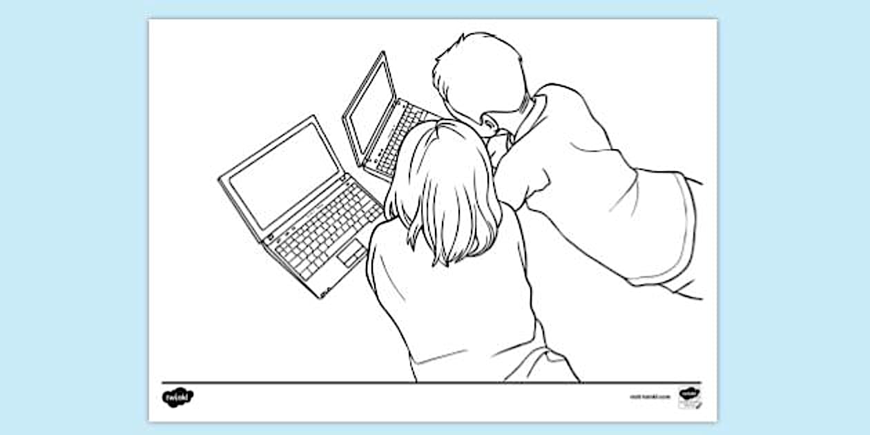 Two Children Communicating Online | Colouring Sheet - Twinkl