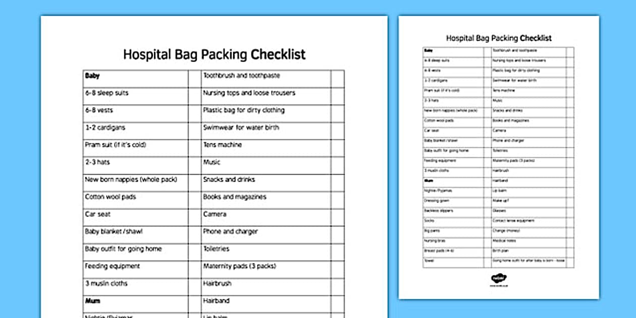 Editable Hospital Bag Checklist (teacher made) - Twinkl