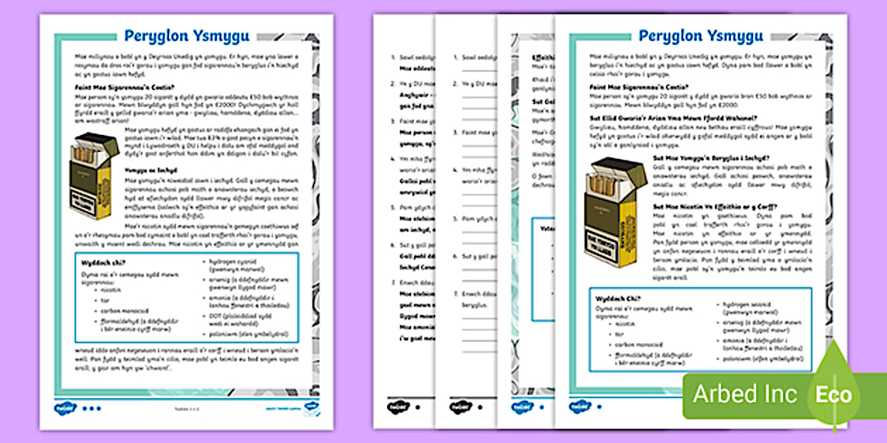 Taflenni Gwaith Diwrnod Dim Ysmygu: Darllen a Deall - Twinkl