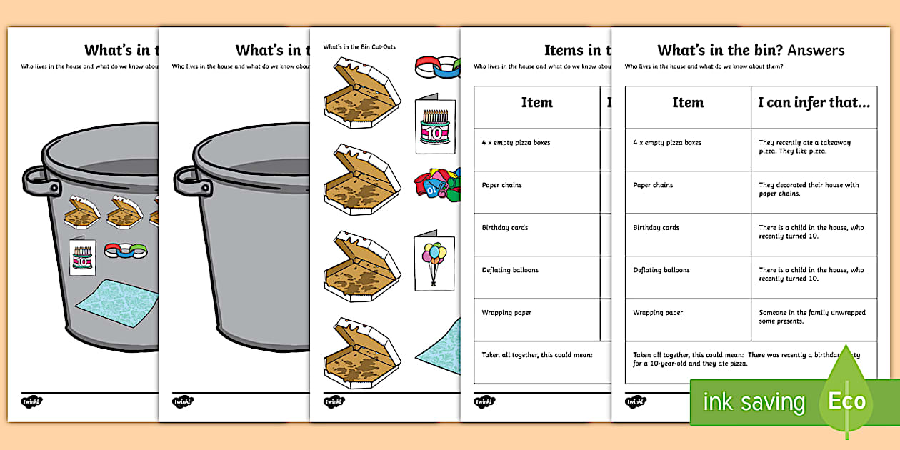 What’s in the Bin? (3) Inferences Worksheet / Worksheet