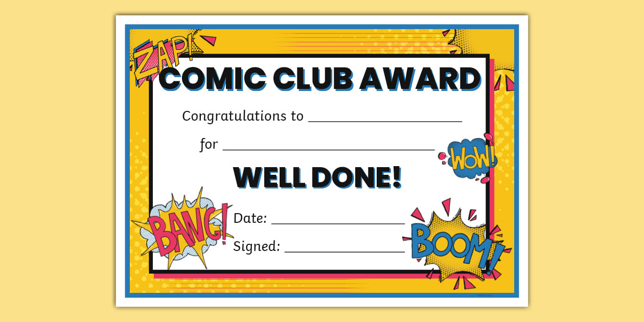 Pop Art Themed Comic Club Certificate (teacher made)