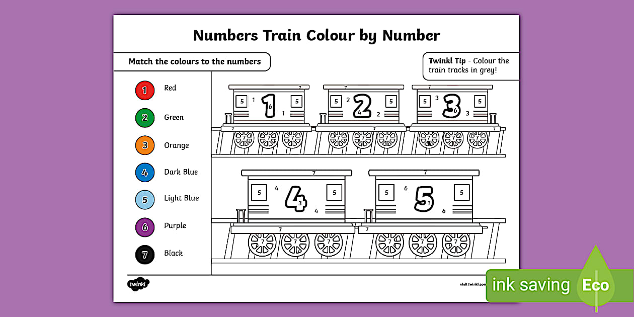 A Numbers Train Colour-by-Number Worksheet | Twinkl | KS1