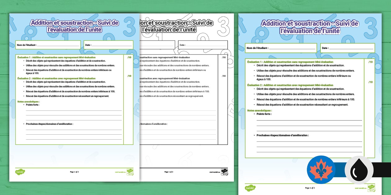 Grade 2 Addition and Subtraction Unit Evaluation French