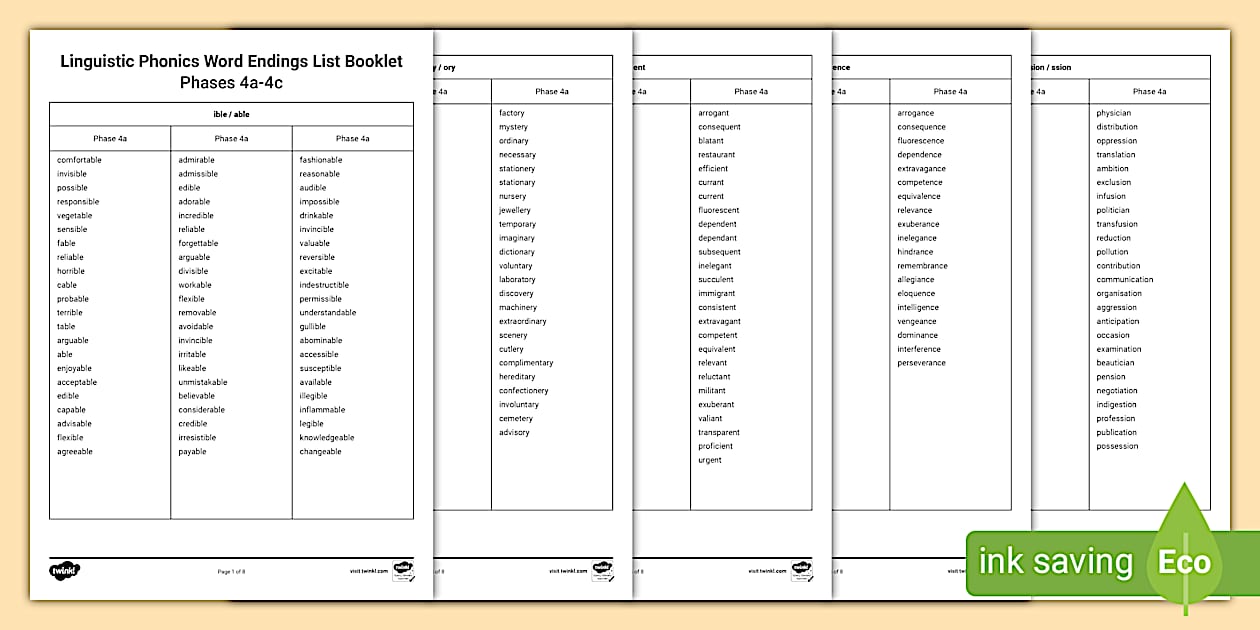 Linguistic Phonics Word Endings Phases 3a-4c List Booklet