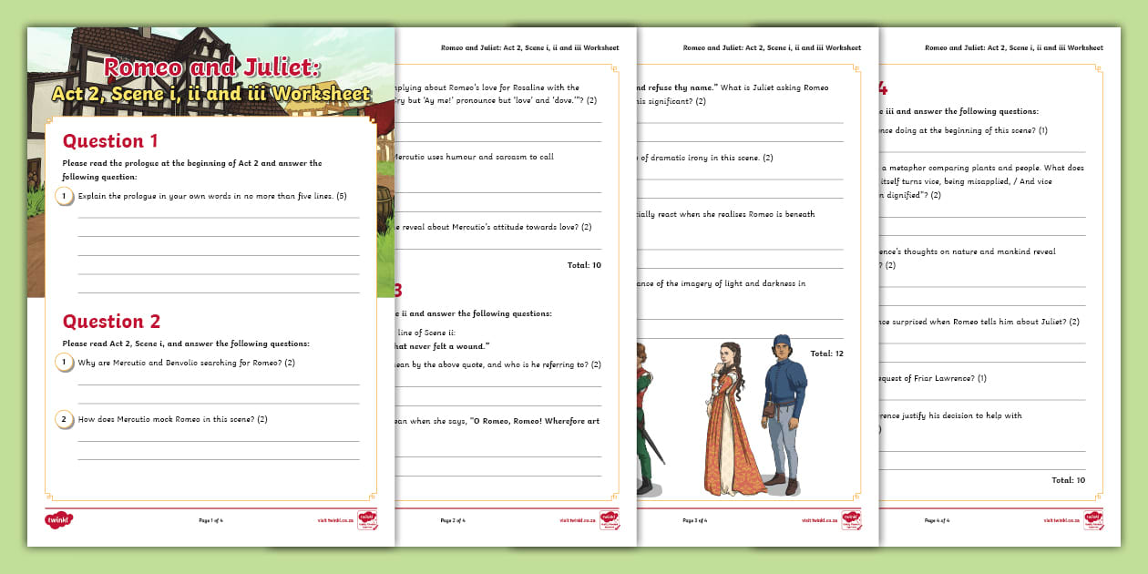 Romeo and Juliet: Act 2, Scene i, ii and iii Worksheet