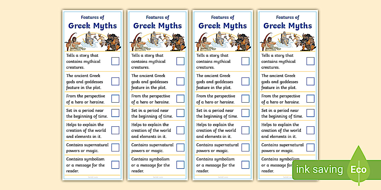 Features of Greek Myths Bookmark Checklist