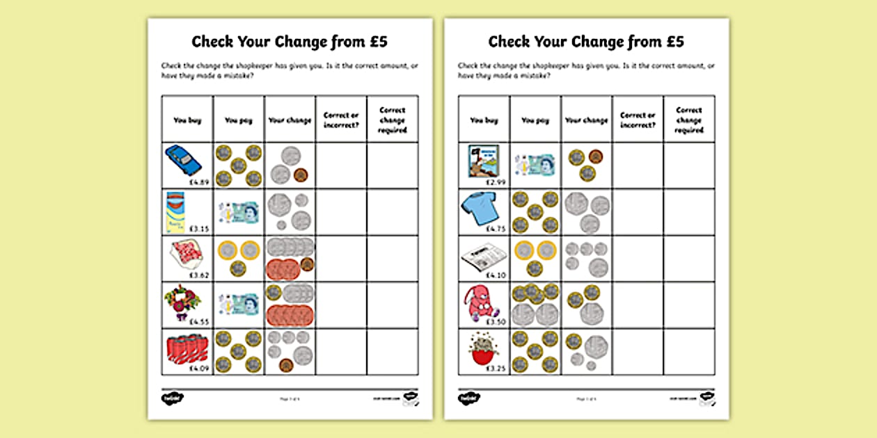 Check Your Change From £5 Worksheet (teacher made) - Twinkl