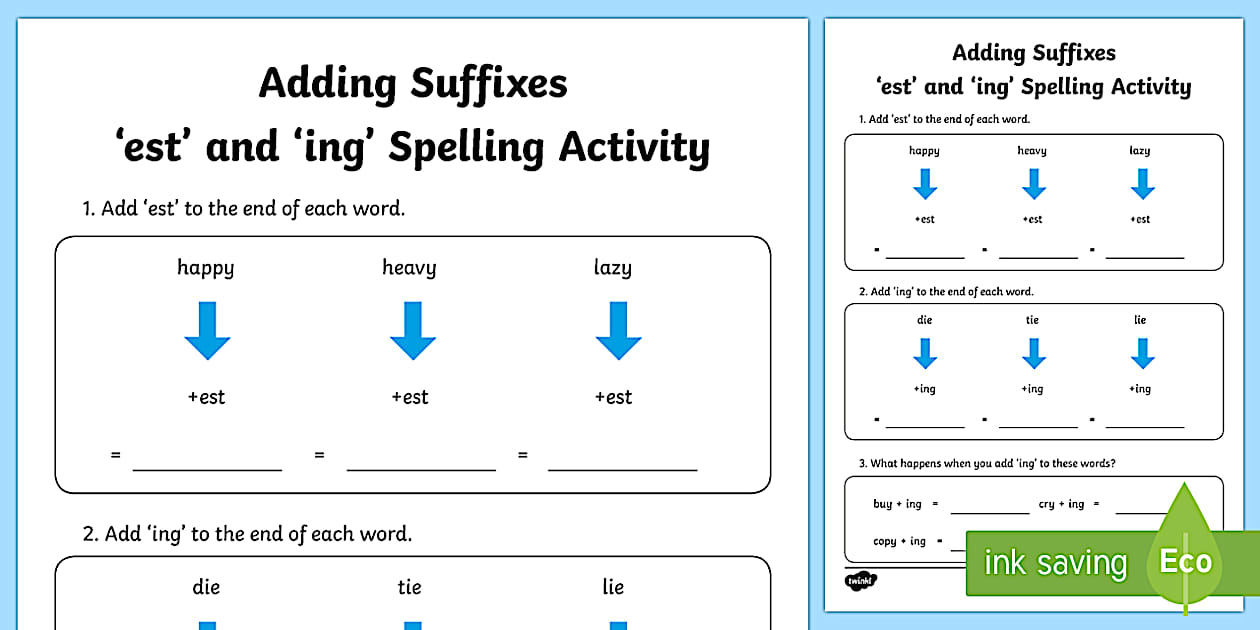 Black and White Adding Suffixes est and ing Activity