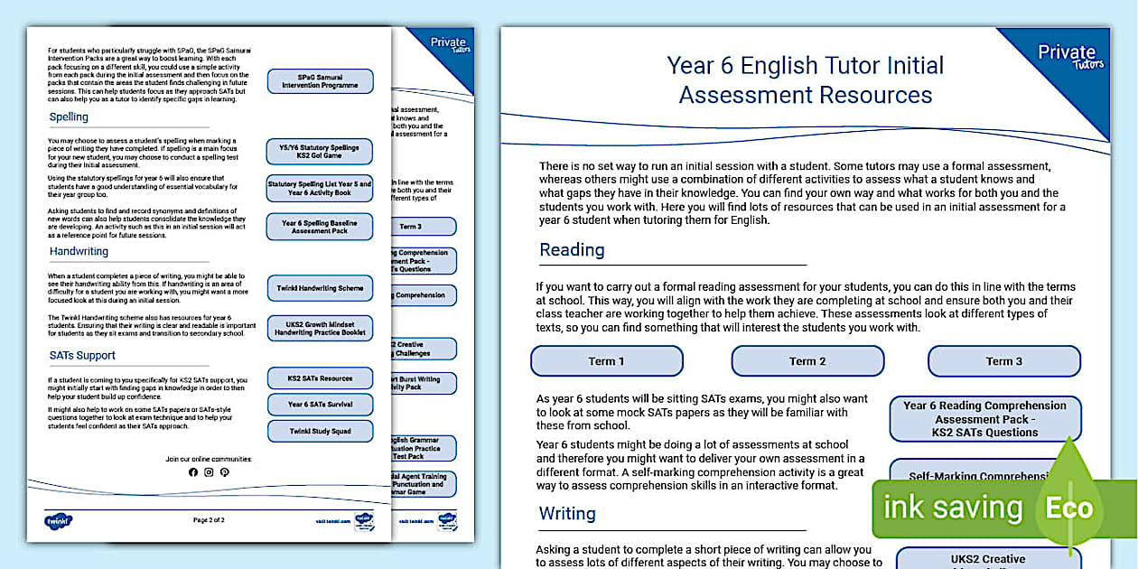 Year 6 English Tutor Initial Assessment Resources - Twinkl