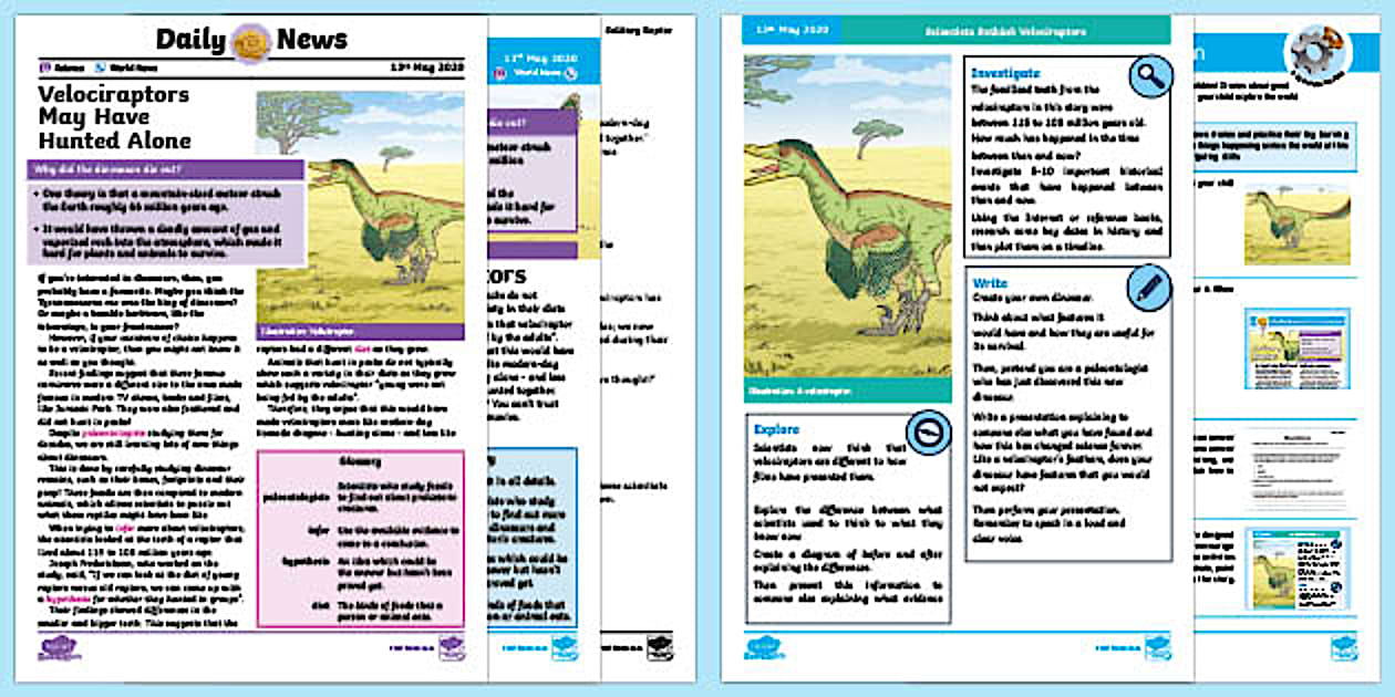 Scientists Rethink Velociraptors Daily Activity and Story Pack (ages 7-11)