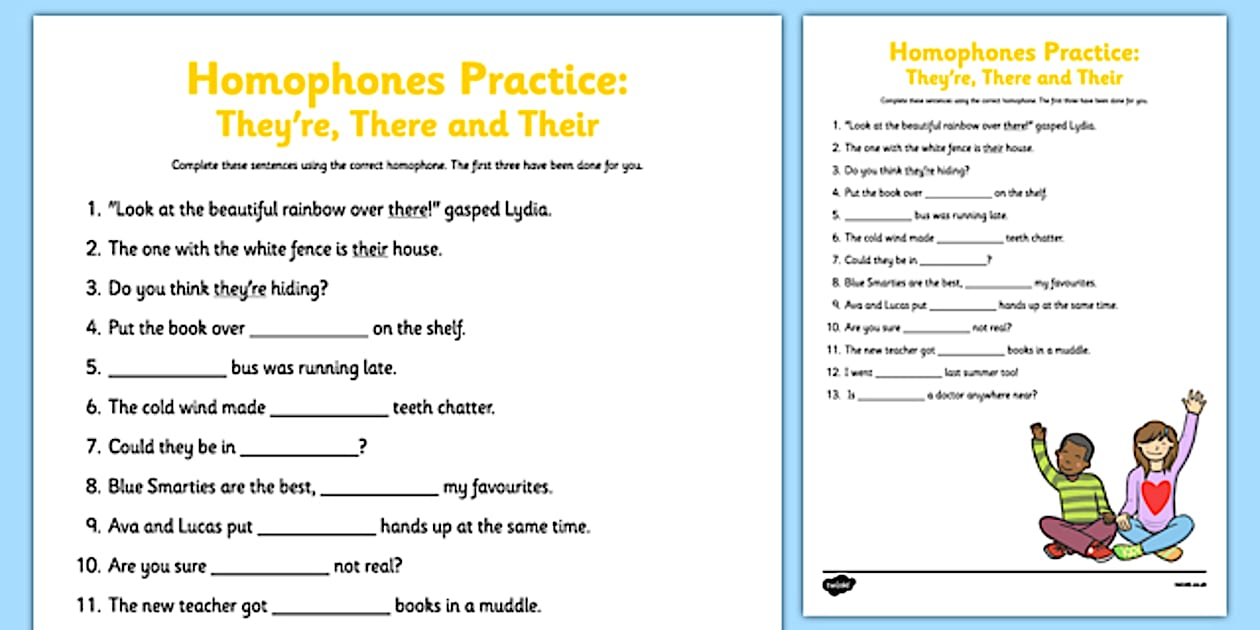 Homophones Practice Worksheet They're There Their - ESL Homophones