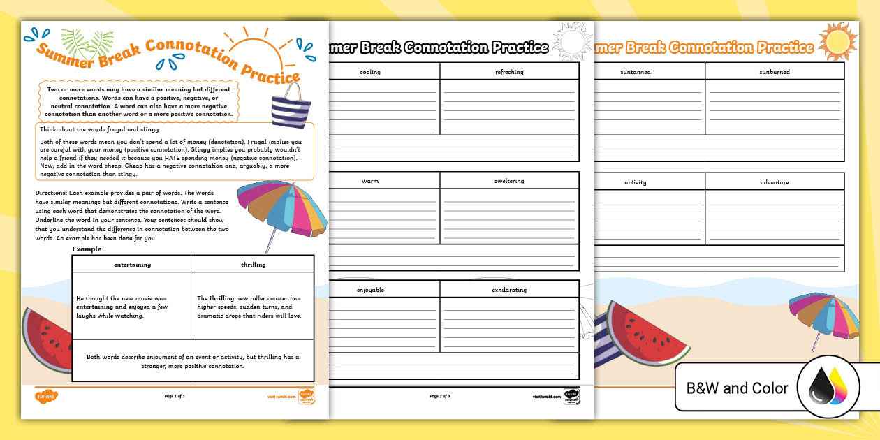Summer Break Writing Connotation Practice for 6th-8th Grade