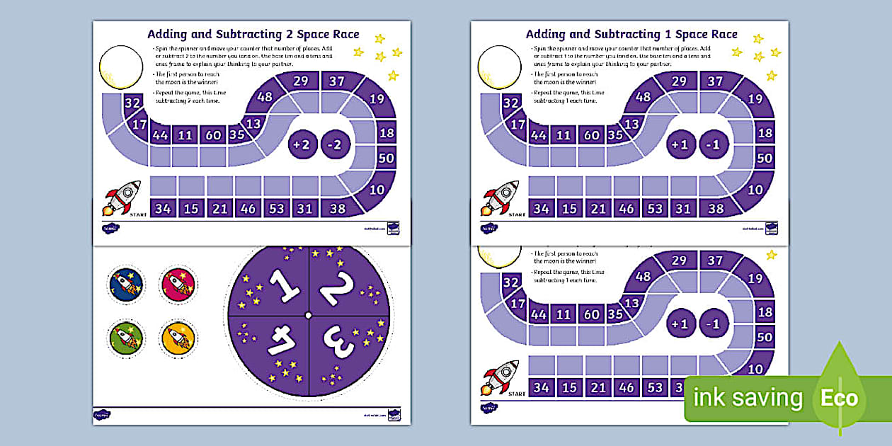 👉 Add and Subtract 1 or 2 Space Race Board Game Pack