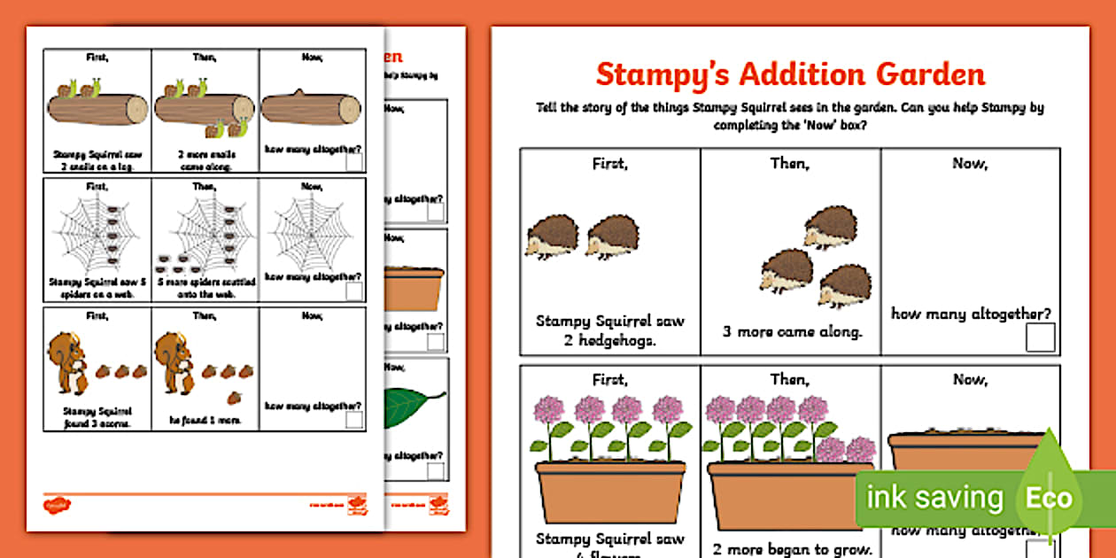 👉 Stampy's Addition Garden First, Then, Now Worksheet
