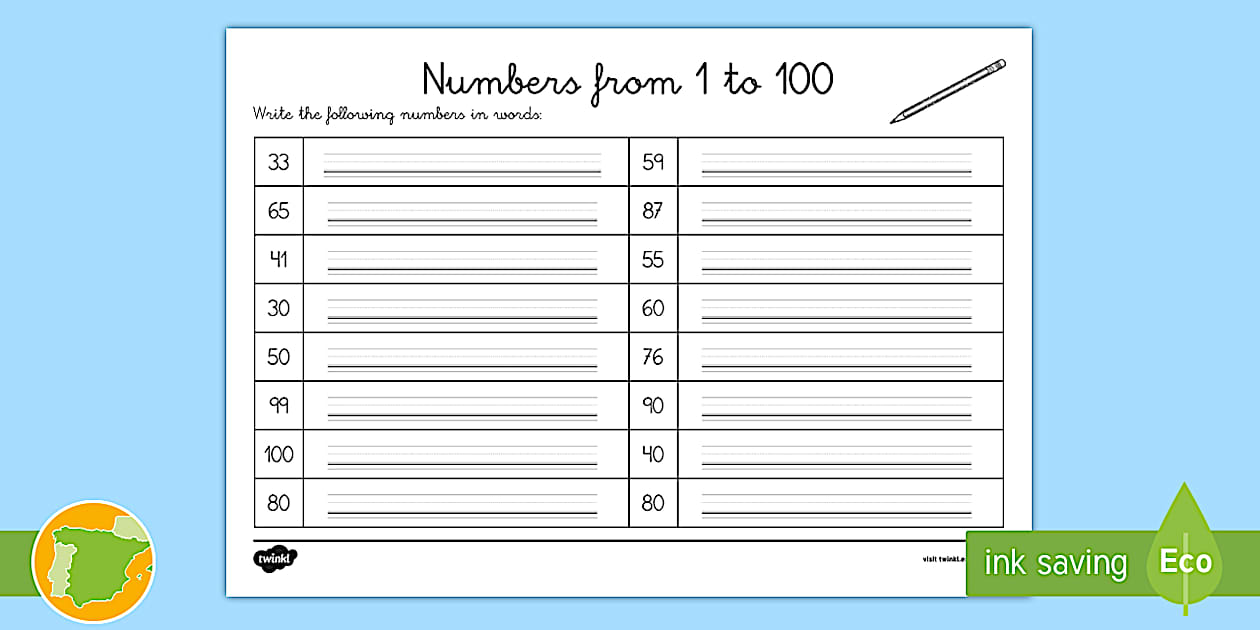 Ficha de actividad: Escribir números del 1 al 100 - Inglés