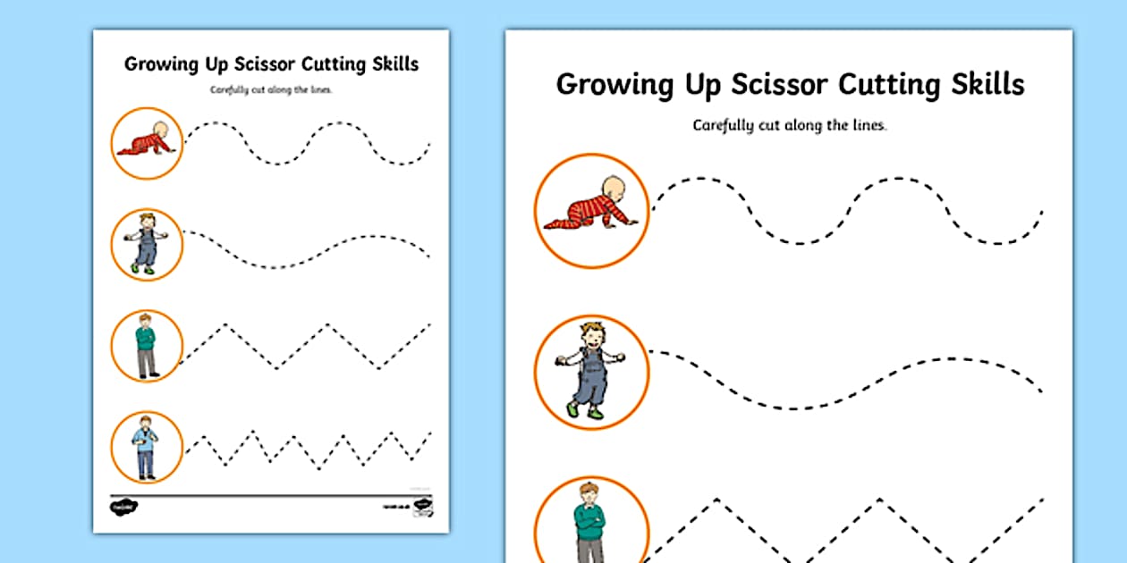 Black and White Growing Up Cutting Skills Worksheet - Twinkl