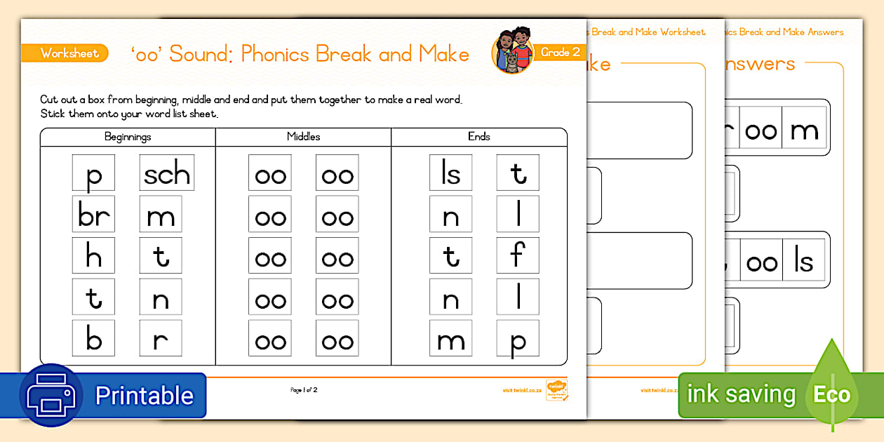 Grade 2 Phonics: oo Sound Break and Make Worksheet - Twinkl