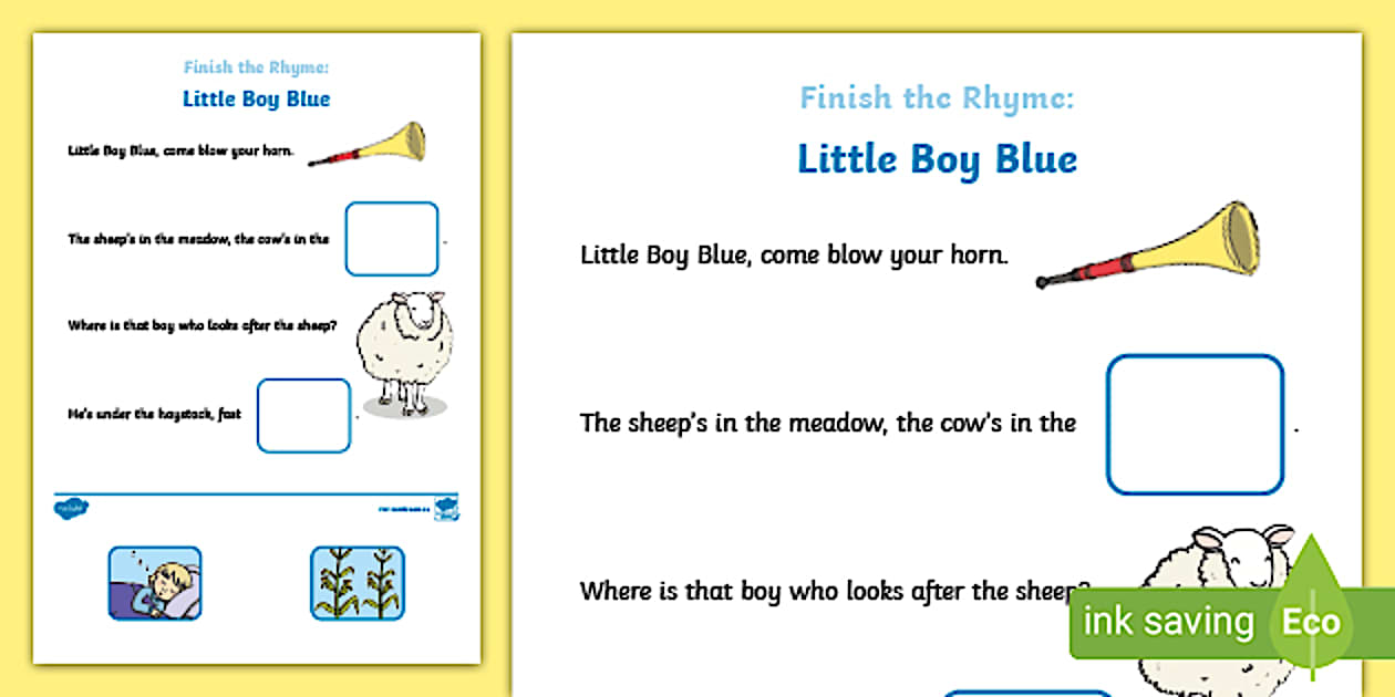 TAS Finish the Rhyme: Little Boy Blue Worksheet - Twinkl