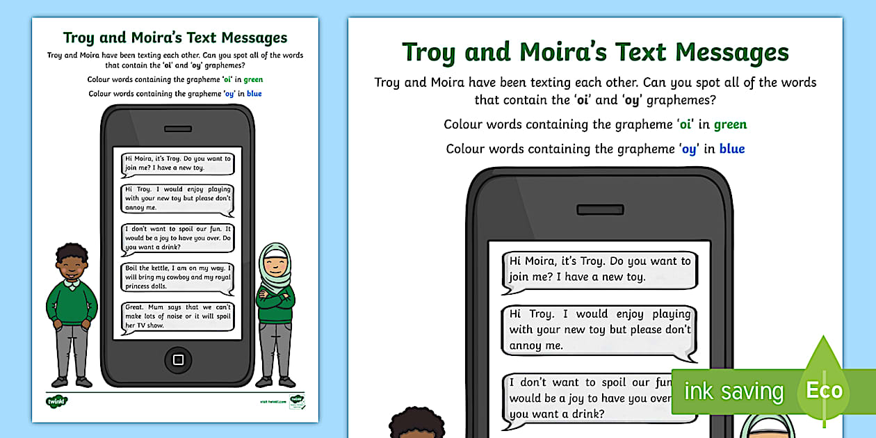 Editable Troy and Moira 'oy' and 'oi' Text Messages Worksheet
