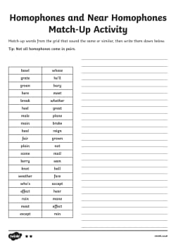 Years 3 and 4 Homophones and Near Homophones Worksheets