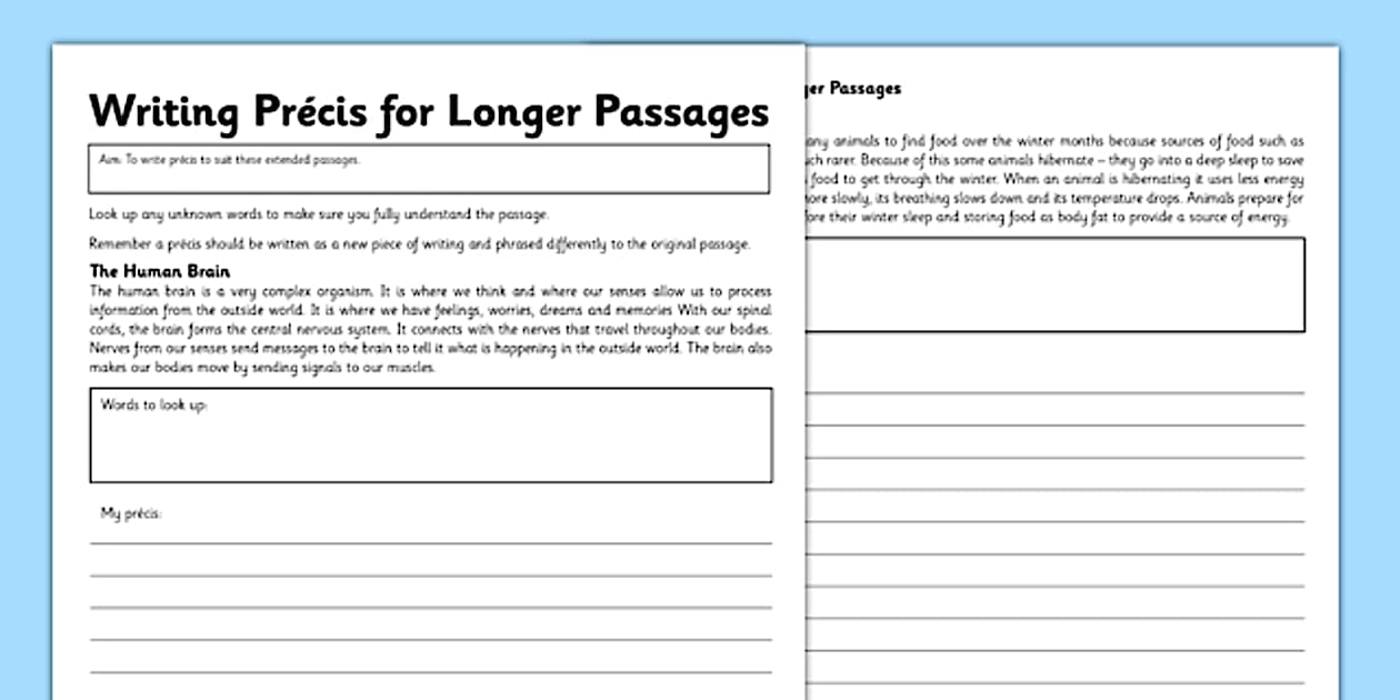 Lower Ability Writing Precis for Longer Passages Worksheet