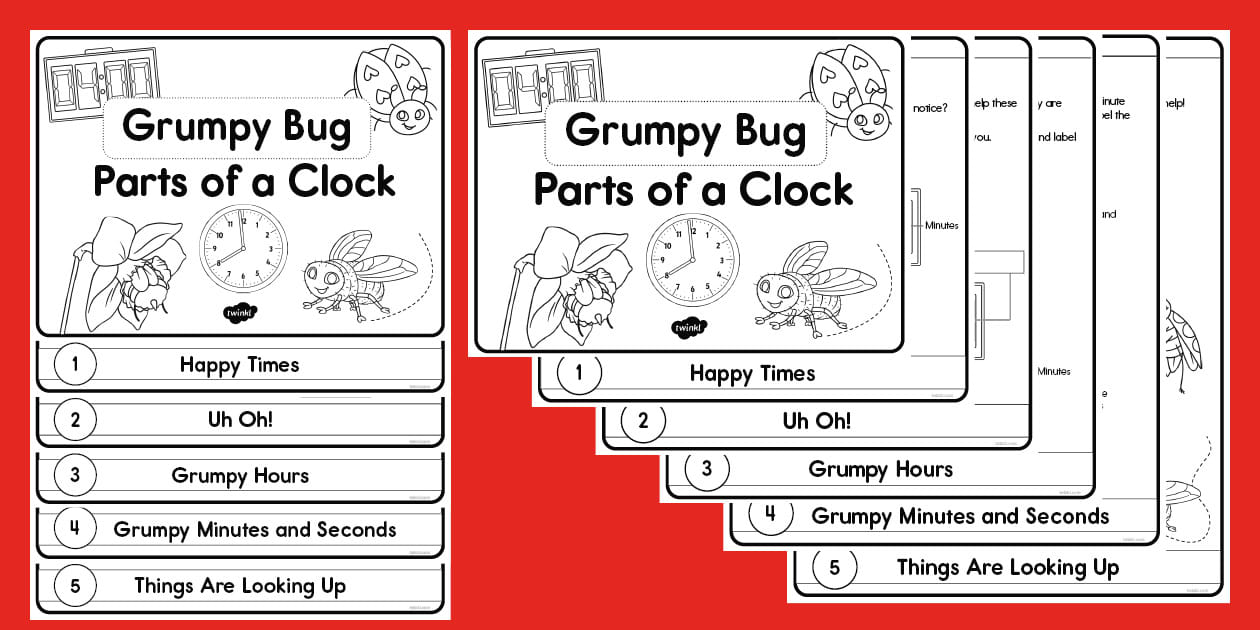 Grumpy Bug Parts of a Clock Flipbook for K-2nd Grade